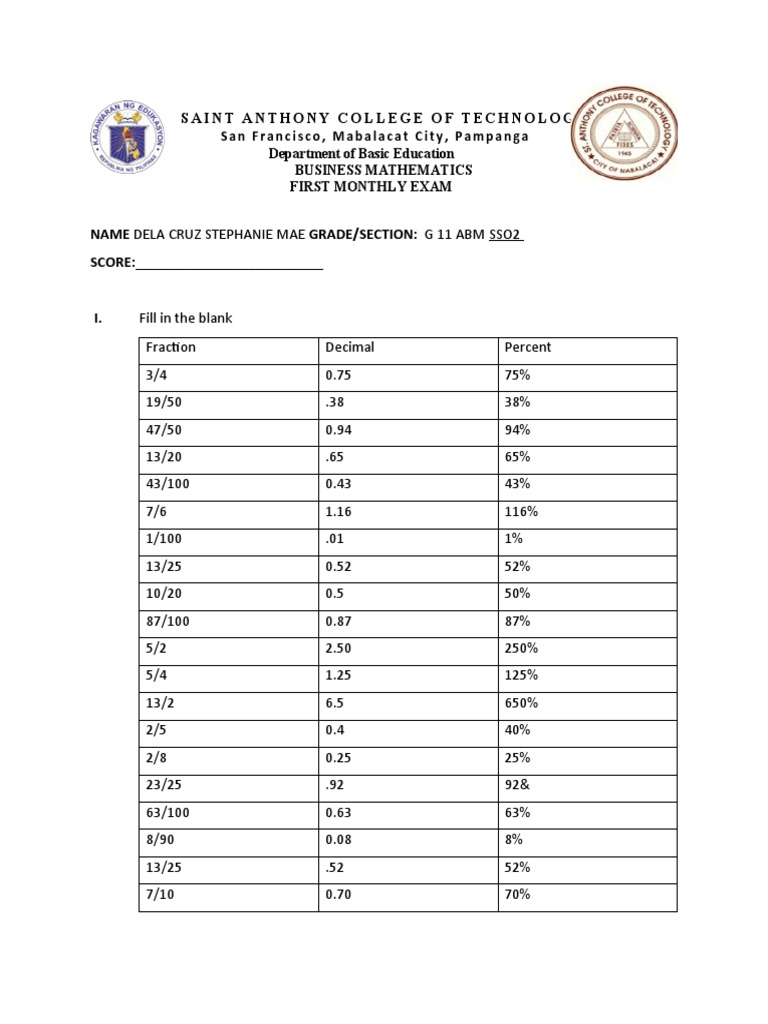 First Monthly Exam Abm With Answer | PDF | Ratio | Mathematics