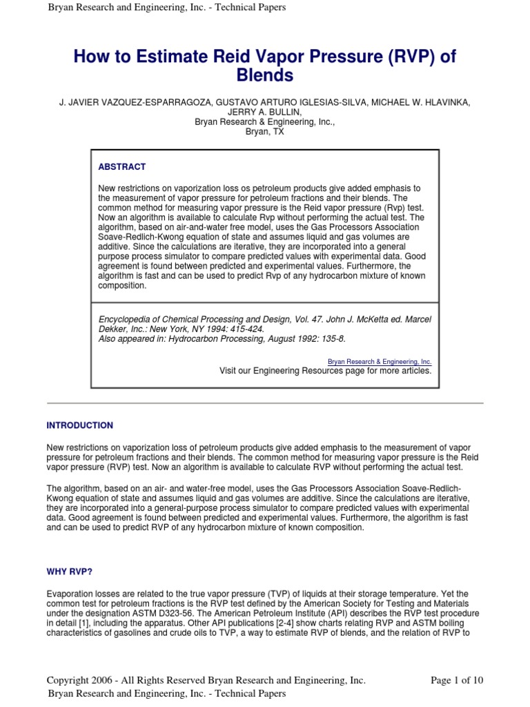 How To Estimate Reid Vapor Pressure (RVP) of A Blend | PDF ...