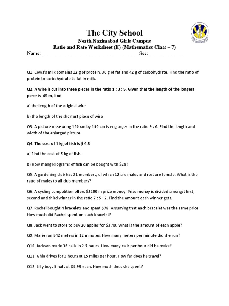 Class 7 Extended Worksheet of Ratio and Rate | PDF