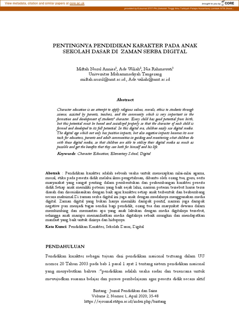 Pentingnya Pendidikan Karakter Pada Anak Sekolah Dasar Di Zaman Serba Digital | PDF
