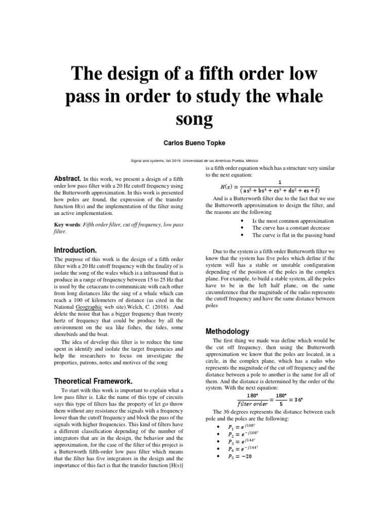 The Design of A Fifth Order Low Pass in Order To Study The Whale Song ...