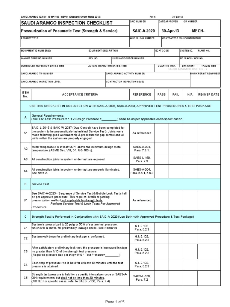 Saudi Aramco pneumatic test checklist | PDF | Leak | Mechanical Engineering