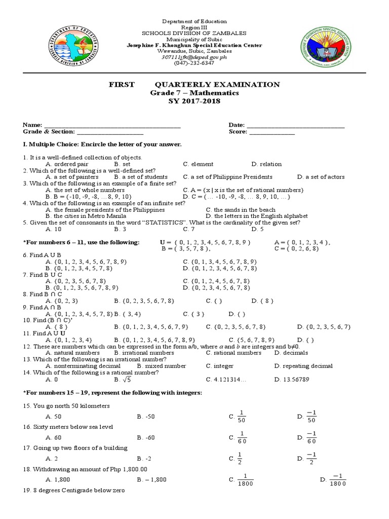 2017 Quarterly Exam Math 7 | PDF | Inequality (Mathematics) | Numbers