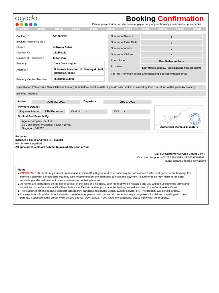 Booking Confirmation for Casa Dasa Legian | PDF | Payments
