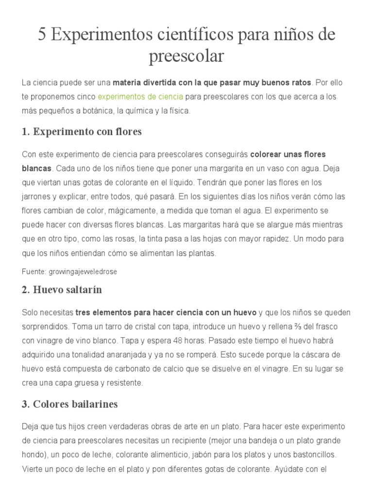 5 Experimentos Científicos para Niños de Preescolar | PDF | Dióxido de ...