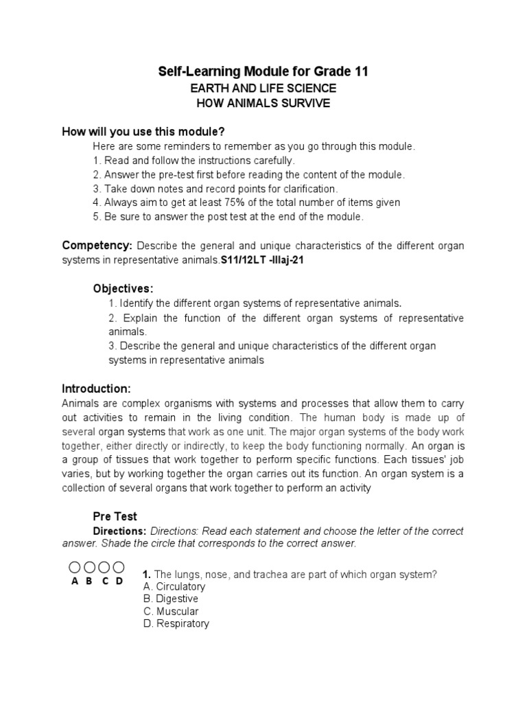 Self-Learning Module For Grade 11: Earth and Life Science How Animals ...