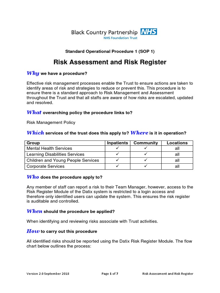 Risk Management - SOP 1 - Risk Assessment and Risk Register | PDF ...