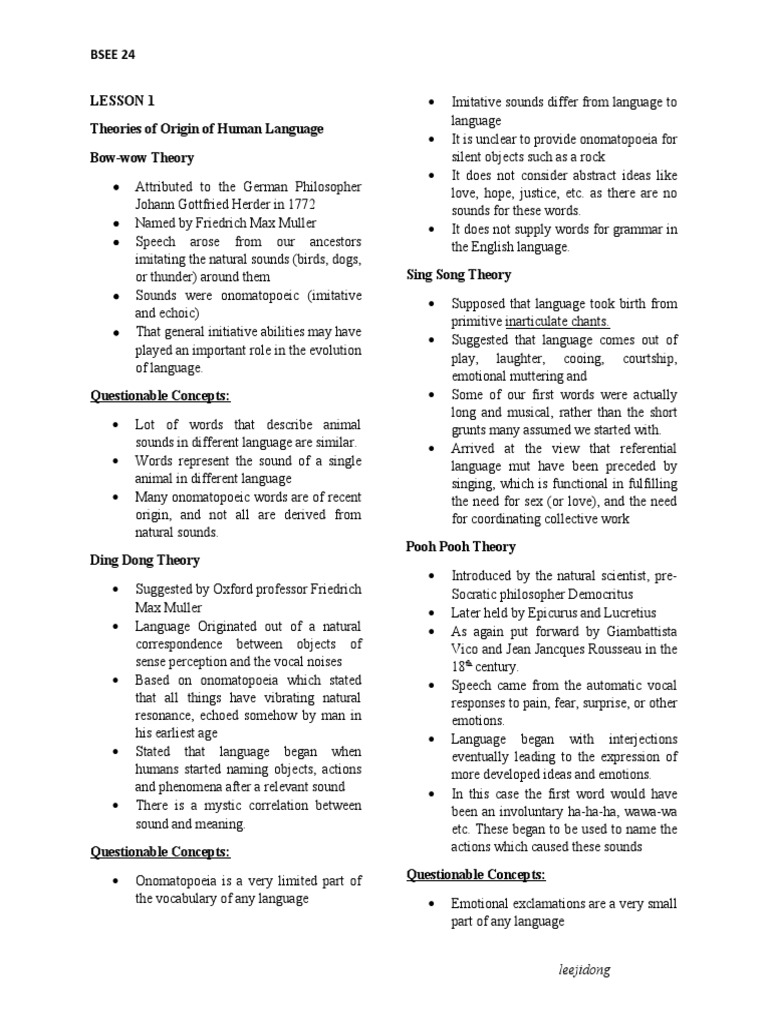 Bsee 24 Lesson 1 Theories of Origin of Human Language Bow-Wow Theory ...