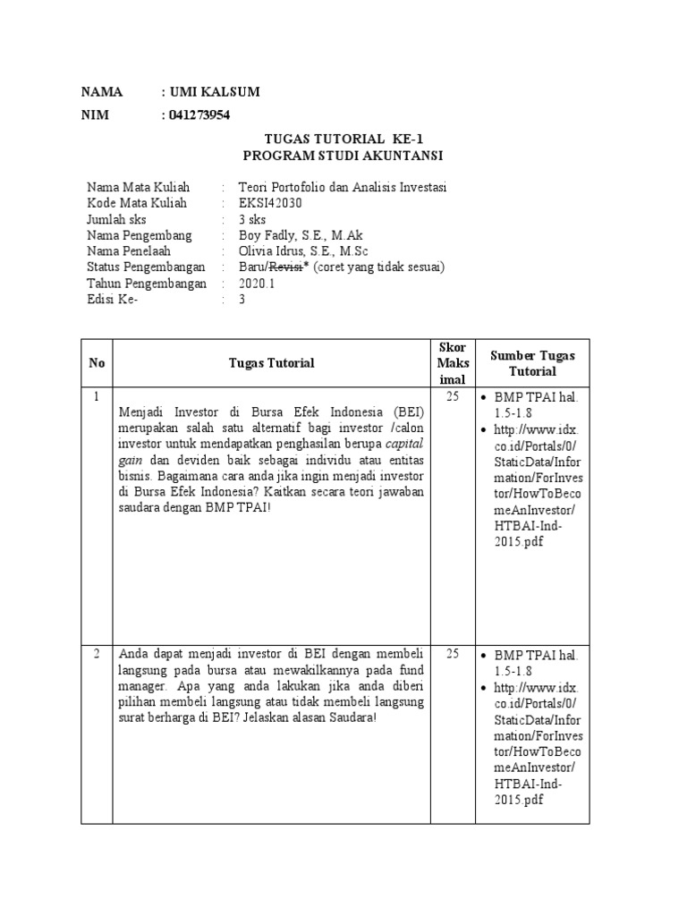 TUGAS 1 Teori Portofolio Dan Analisis Investasi | PDF