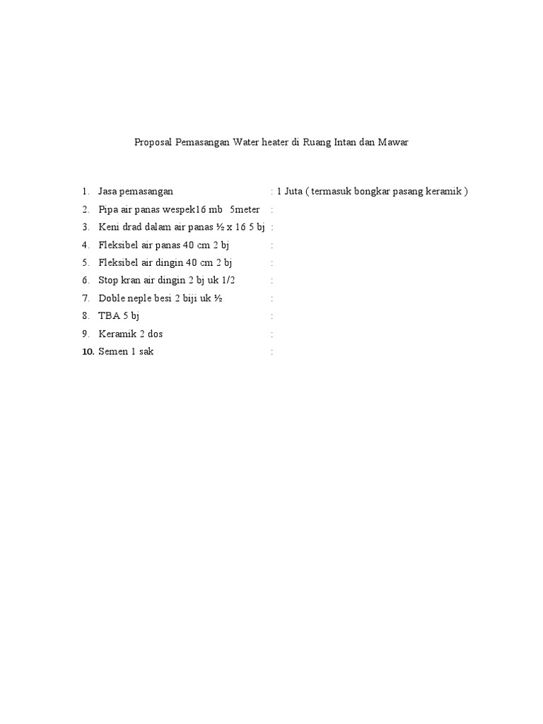 Proposal Pemasangan Water Heater Di Ruang Intan Dan Mawar | PDF | Griya & Taman | Sains & Matematika