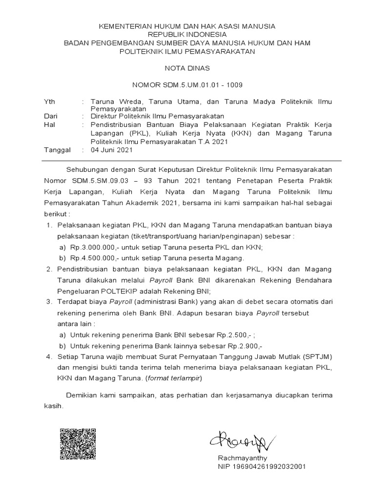 SDM.5.UM.01.01 - 1009 (Nota Dinas Pendistribusian Bantuan Biaya Pelaksanaan Kegiatan Praktik ...