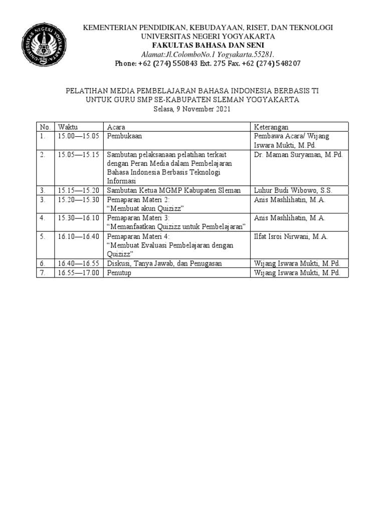 Rundown Pelatihan Media Pembelajaran 1 | PDF