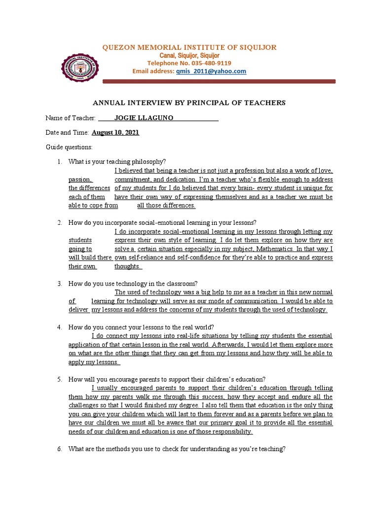 Annual Interview by Principal of Teachers: Quezon Memorial Institute of ...