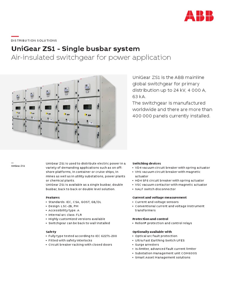 Unigear Zs1 - Single Busbar System: Air-Insulated Switchgear For Power ...