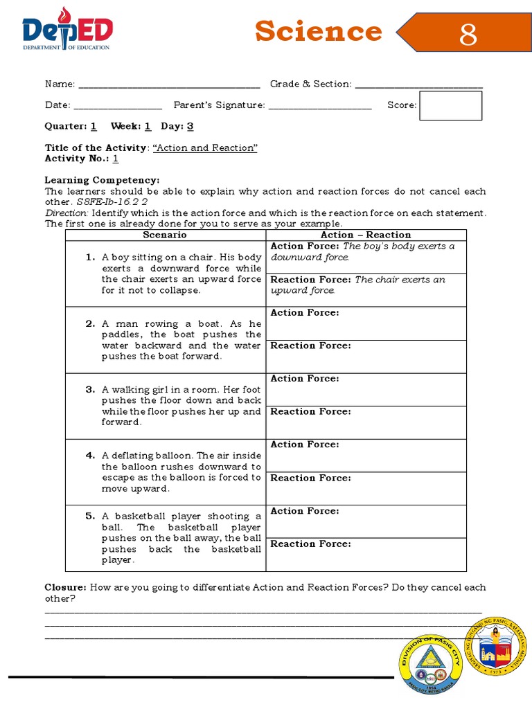 Science 8 - Q1 - DW3 | PDF | Force