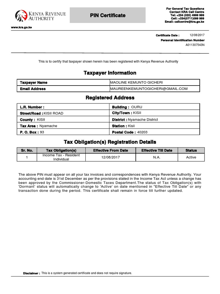 PIN Certificate: This Is To Certify That Taxpayer Shown Herein Has Been ...