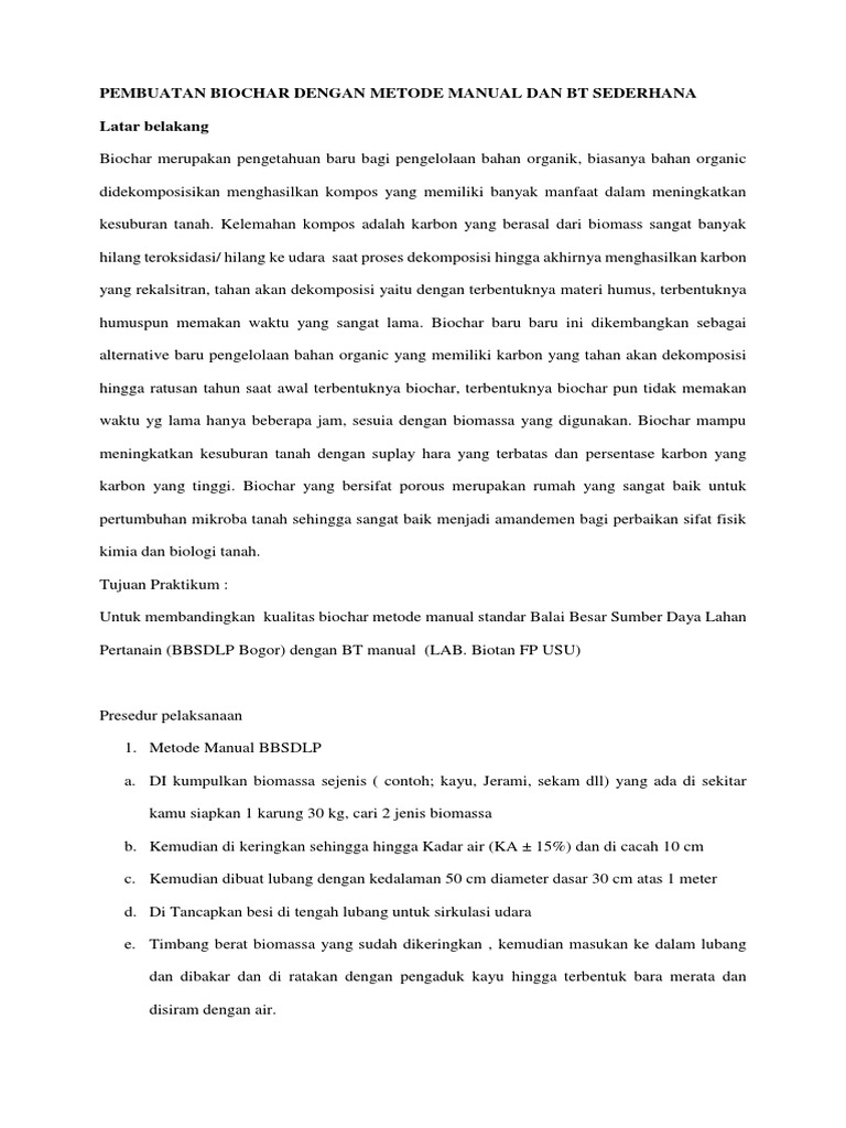Pembuatan Biochar Dengan Metode Manual Dan BT Sederhana | PDF