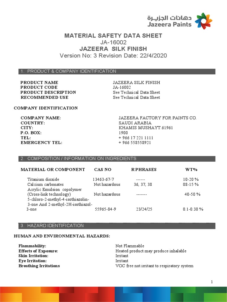 Jazeera Silk Finish-Msds | PDF | Firefighting | Fires