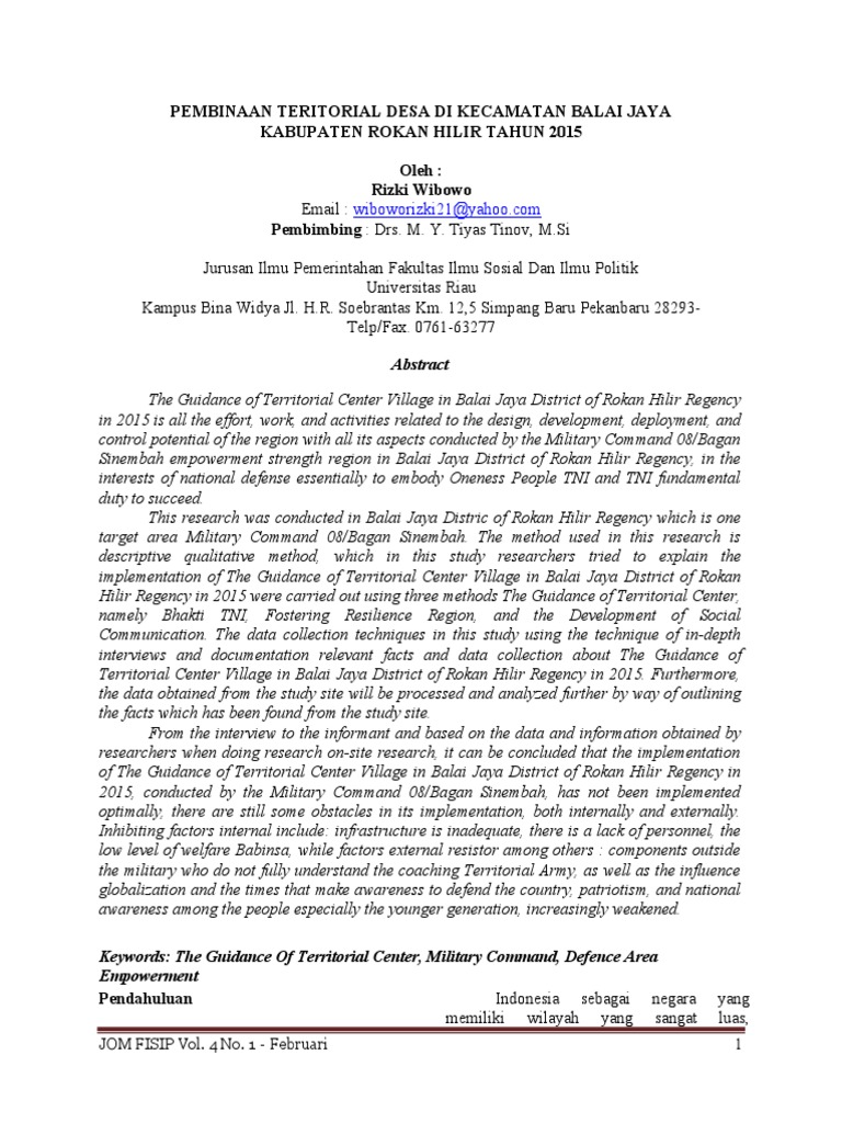 Pembinaan Teritorial Desa Di Kecamatan Balai Jaya Kabupaten Rokan Hilir Tahun 2015 Oleh: Rizki ...