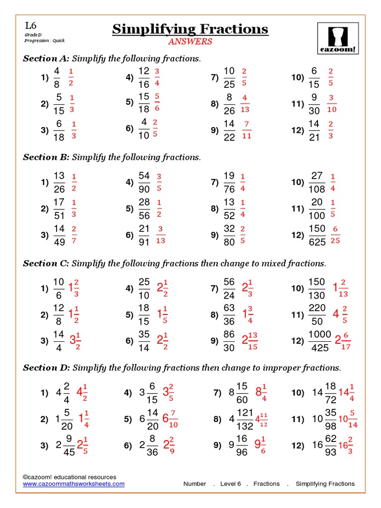 Number. Fractions. Simplifying Fractions. ANSWERS | PDF