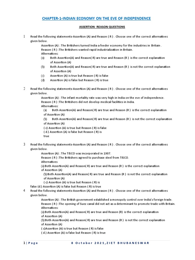Ch-1 Indian Economy in The Eve of Independance (Assertion and Reasoning) | PDF | British Raj ...