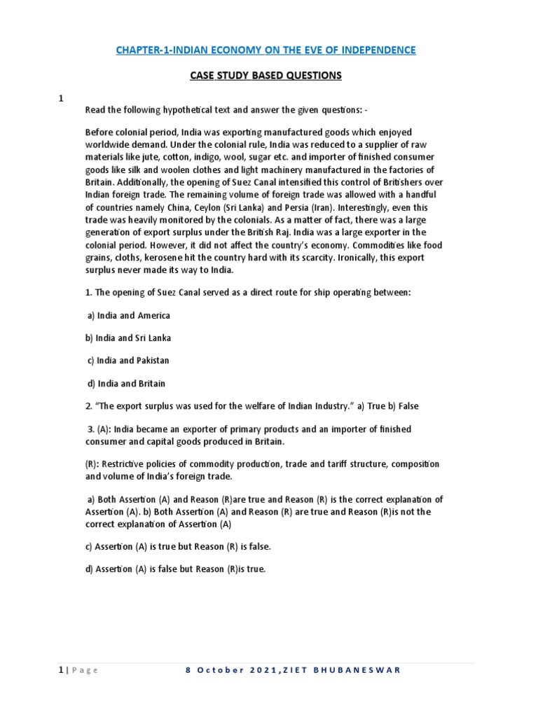 Ch-1 Indian Economy in The Eve of Independance (Choice Based Questions ...