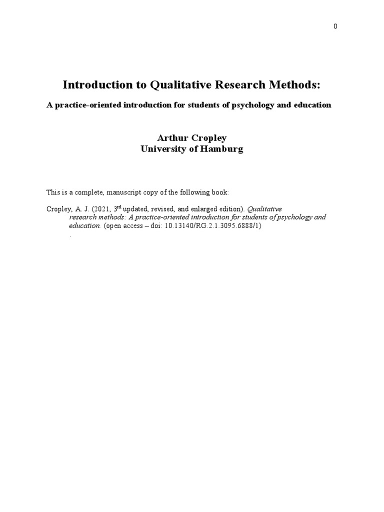 Introduction To Qualitative Research Methods:: Arthur Cropley ...