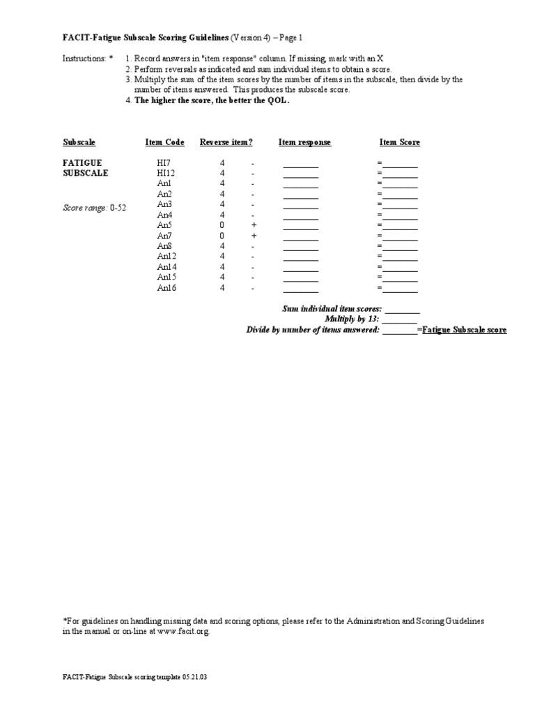 FACIT Fatigue Subscale Scoring Guide | PDF | Computing | Computer Science