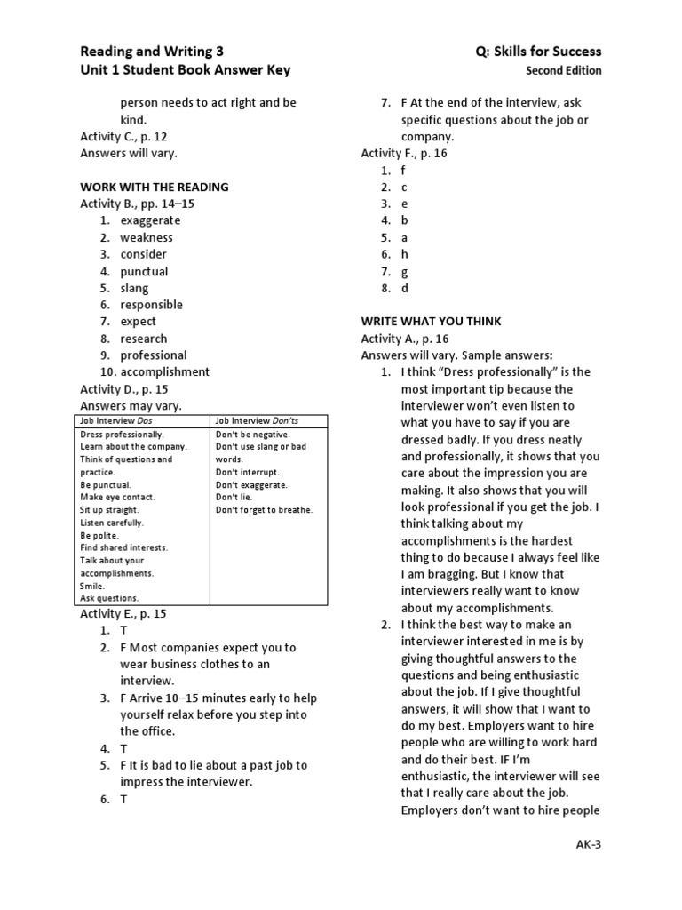 Reading and Writing 3 Q: Skills For Success Unit 1 Student Book Answer ...