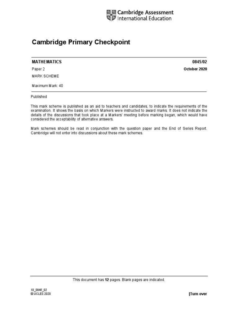 Cambridge Primary Checkpoint: Mathematics 0845/02 | PDF | Arithmetic ...