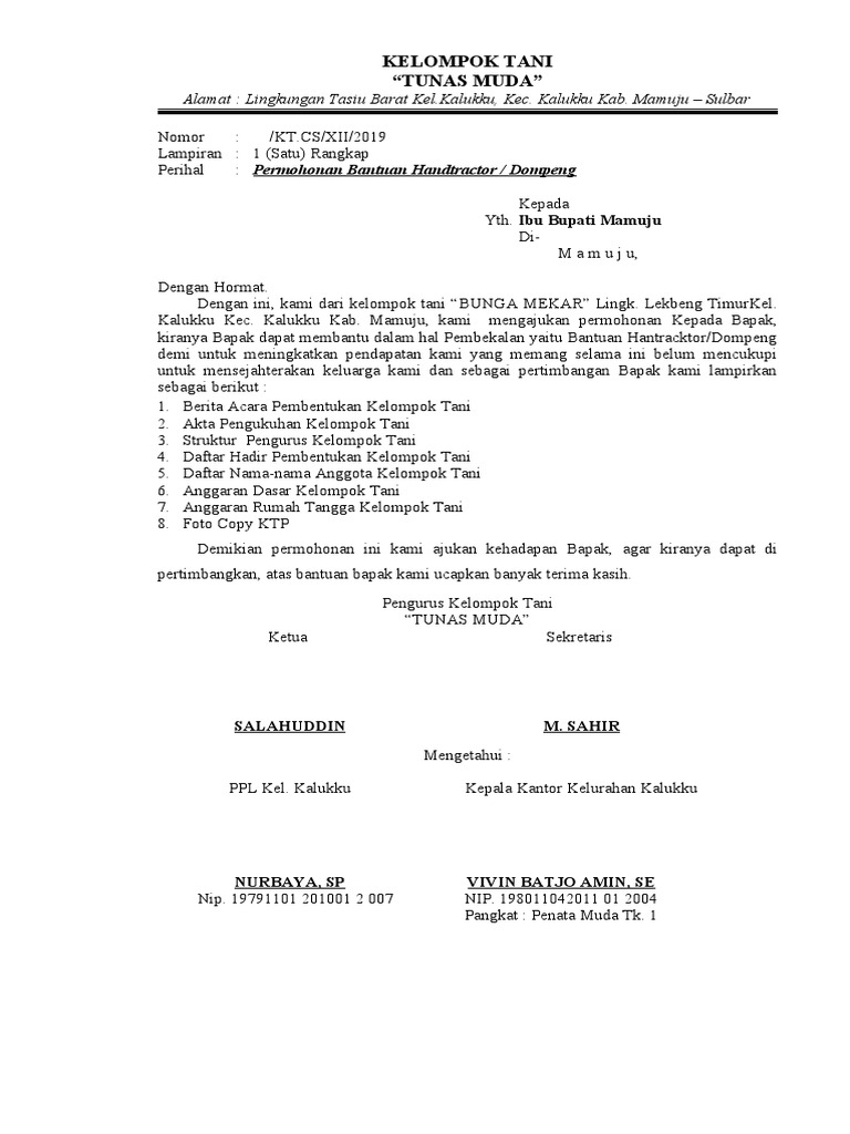 KELOMPOK TANI PROPOSAL BANTUAN HANDTRACTOR DOMPENG Lingkungan Lekbeng ...