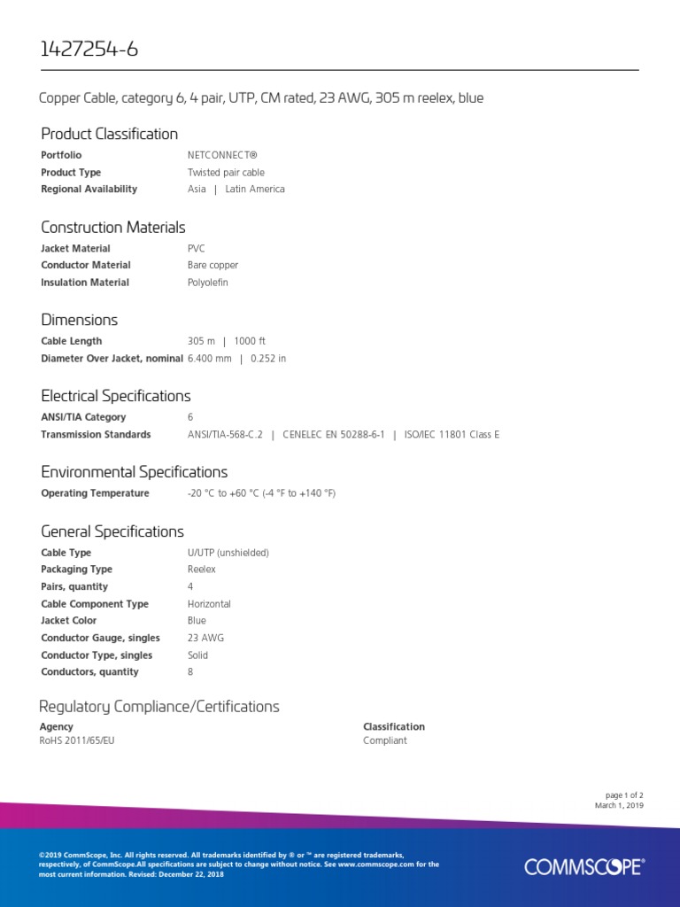 Datasheet Cable Cat6 UTP | PDF | Electronics | Electrical Engineering