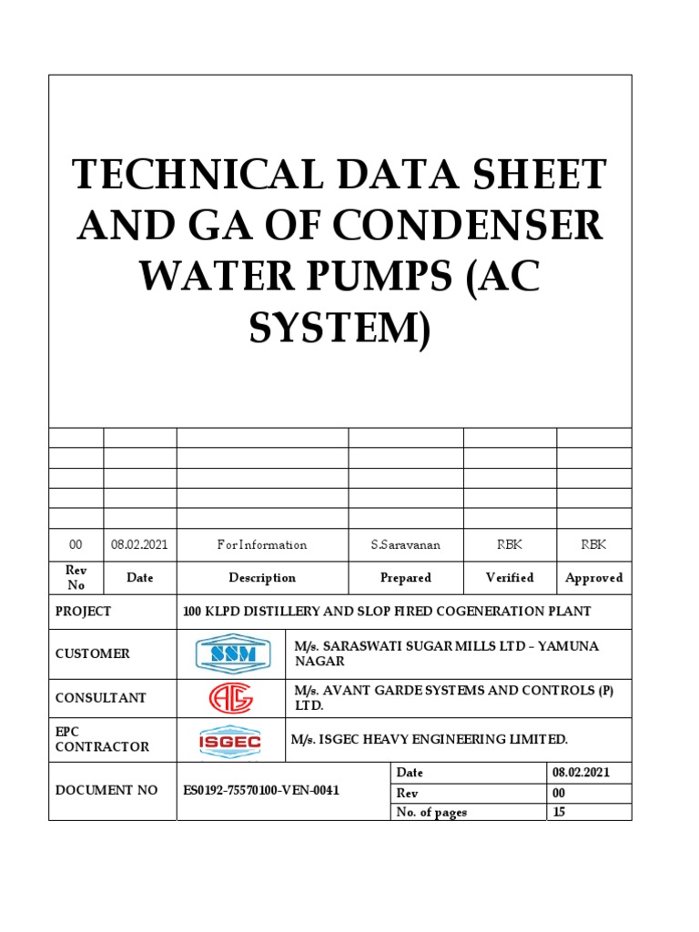 Technical Data Sheet and Ga of Condenser Water Pumps (Ac System) | PDF | Pump | Electric Motor