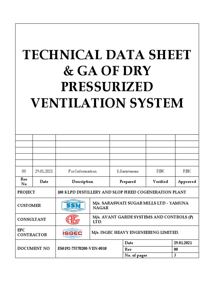 Technical Data Sheet & Ga of Dry Pressurized Ventilation System | PDF ...