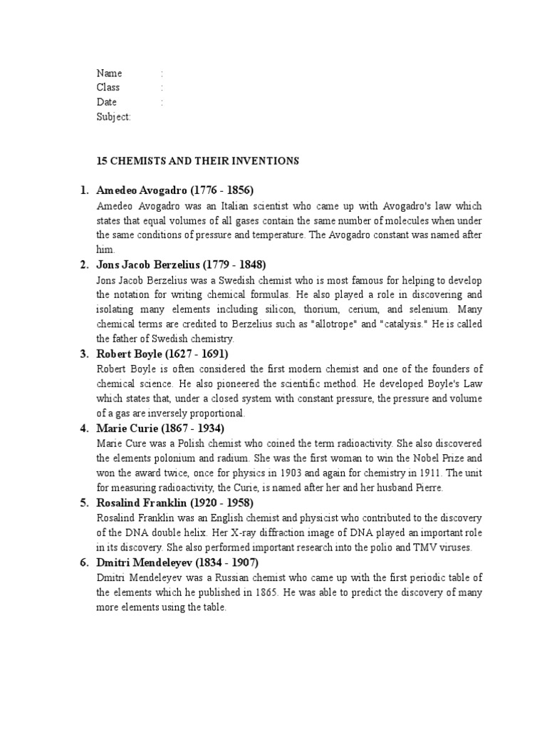 15 Chemist and Their Inventions | PDF | Marie Curie | Chemistry