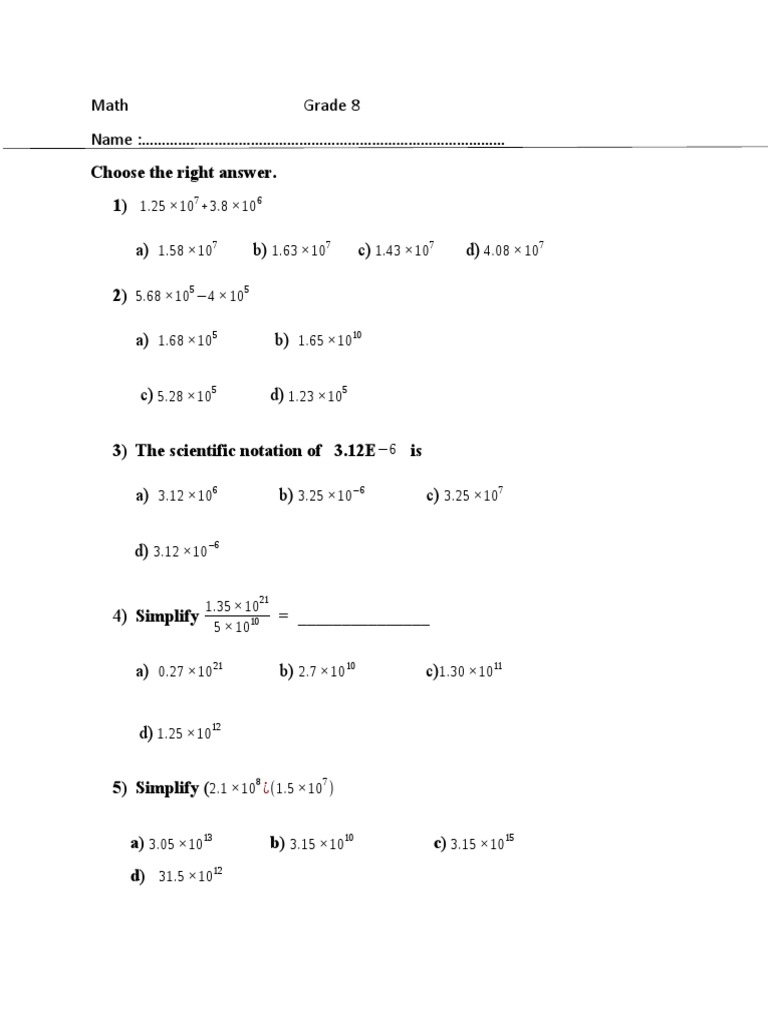 Choose The Right Answer. 1) : Math Grade 8 Name | PDF | Career & Growth