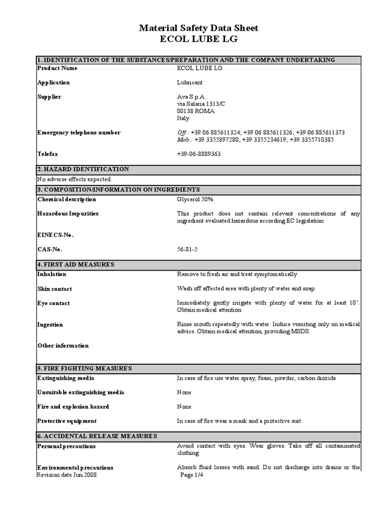 Material Safety Data Sheet Ecol Lube LG | PDF | Chemistry | Safety