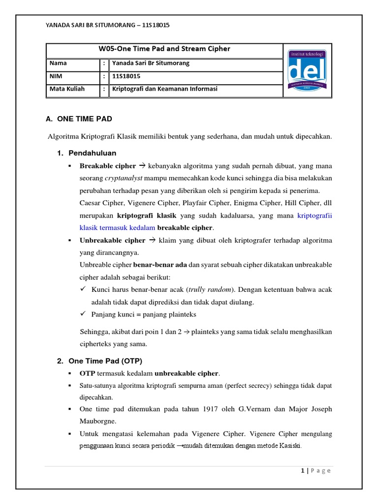 W05-Rangkuman One Time Pad Dan Stream Cipher - 11S18015 - Yanada Sari BR Situmorang | PDF