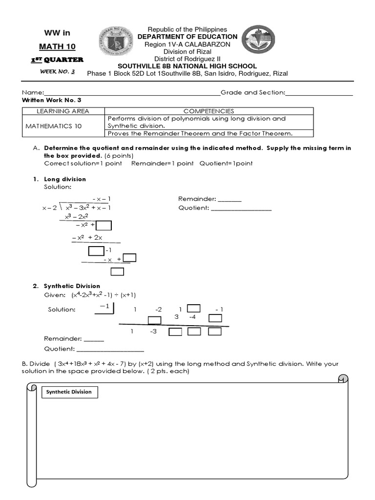 Grade 10 Polynomial Division Worksheet | PDF | Elementary Mathematics ...