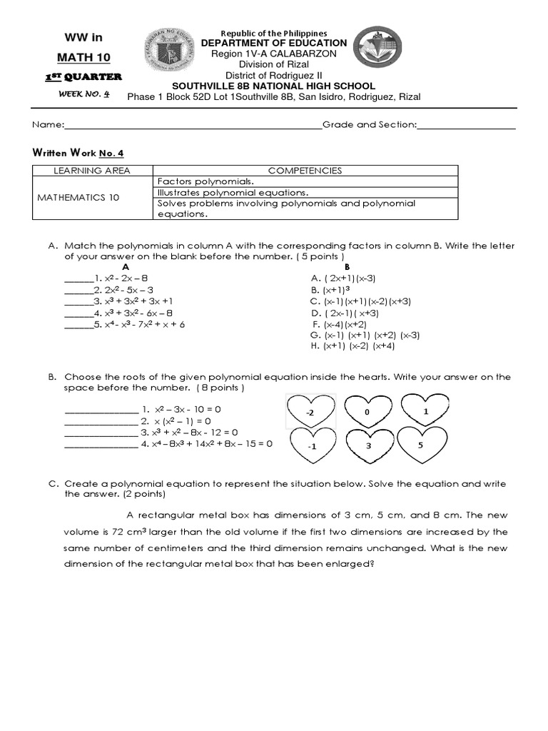 Grade10 Q1 WW4 Mathematics-4 | PDF | Equations | Computational Science