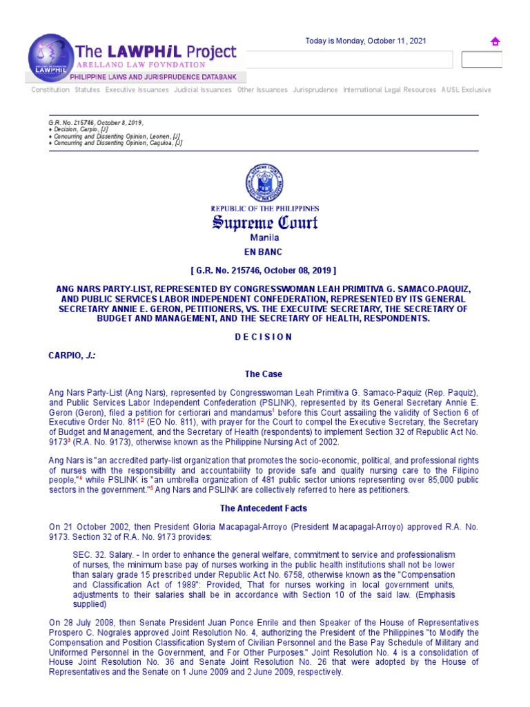 ANG NARS PARTY-LIST V Executive Sec G.R. No. 215746 | PDF | Bill (Law ...