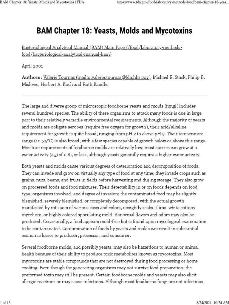 BAM Chapter 18 - Yeasts, Molds and Mycotoxins - FDA | PDF | Mold ...