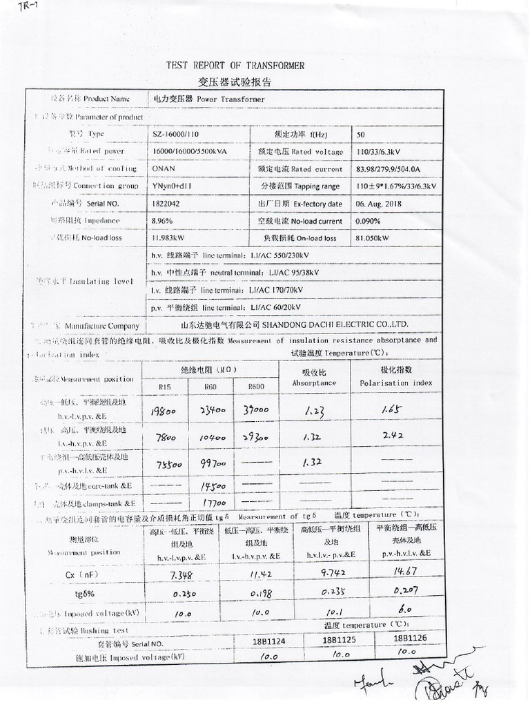 Main Transformer SAT Test Report | PDF