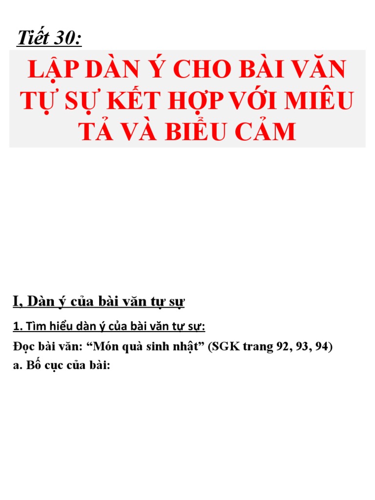 Tiết 30 Lap dan y cho bai van tu su ket hop voi mieu ta va bieu cam | PDF