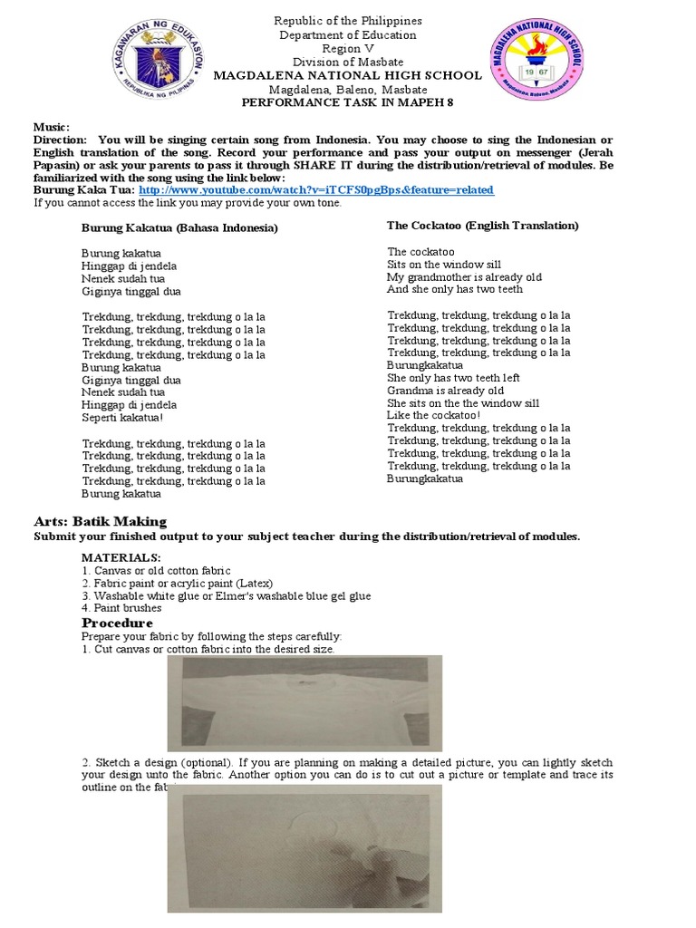 MAPEH 8 Performance Task Guidelines | PDF | Canvas | Textiles