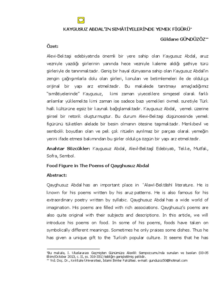 Kaygusuz Abdal'in Simâti̇yeleri̇nde Yemek Fi̇gürü | PDF