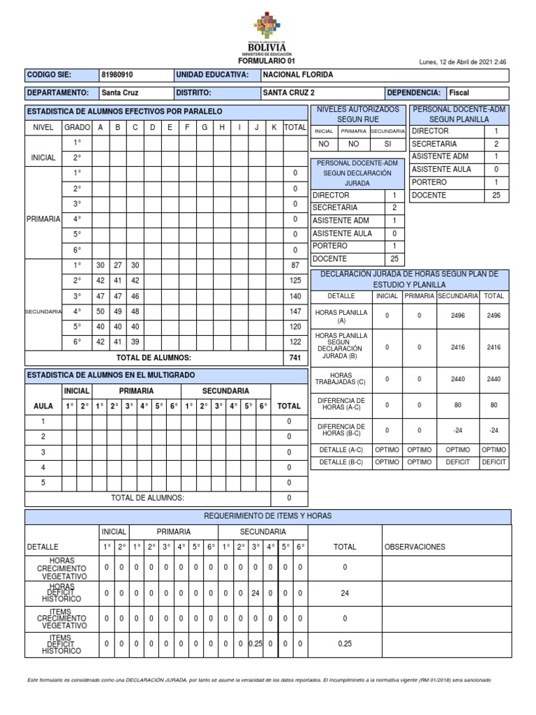 Formulario 01 Sich | PDF