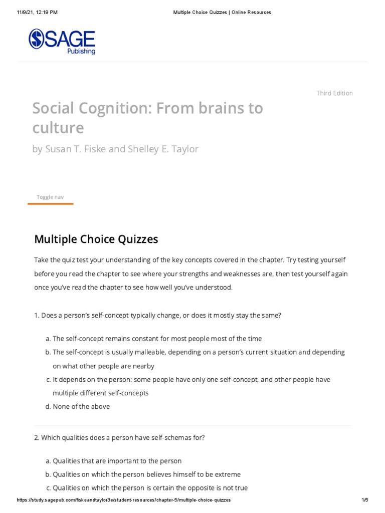 Multiple Choice Quizzes Online Resources | PDF | Self Concept | Mental ...