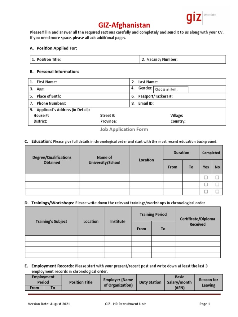 GIZ Job Application Form | PDF