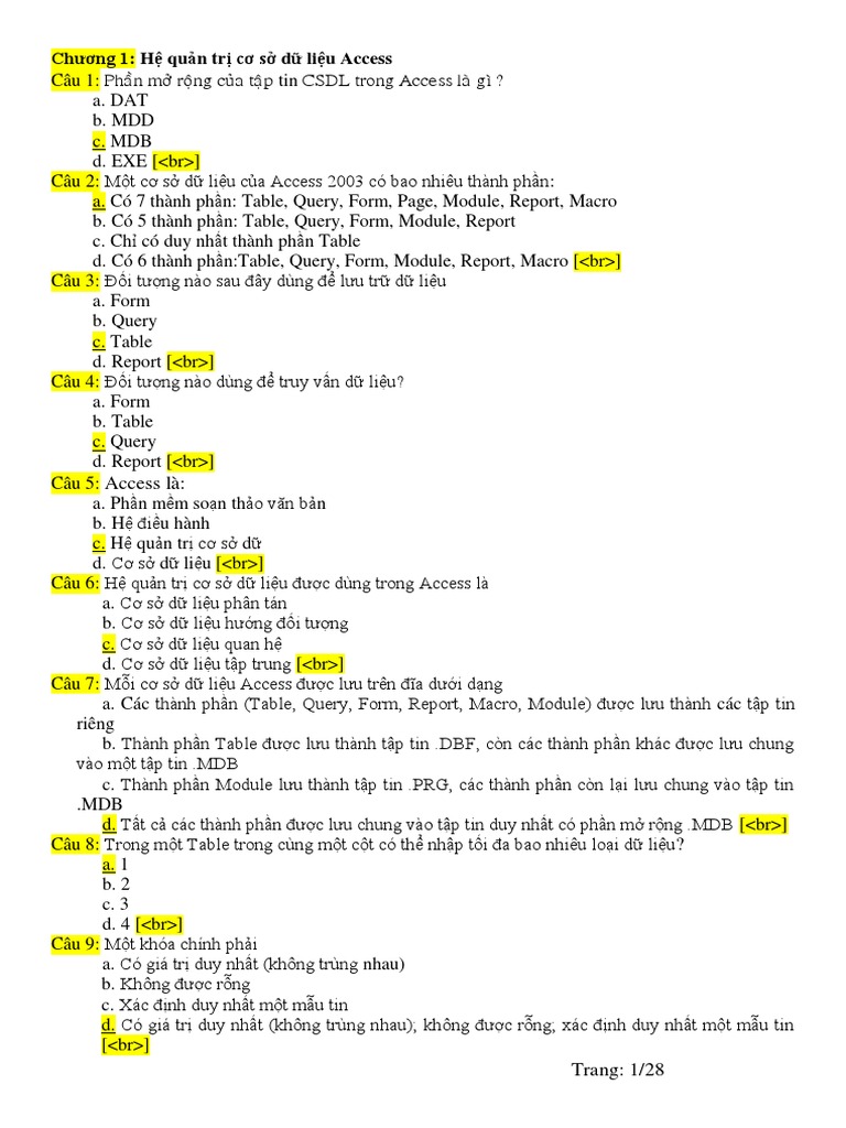 205 Cau Hoi Trac Nghiem Co Dap An Ve Access | PDF